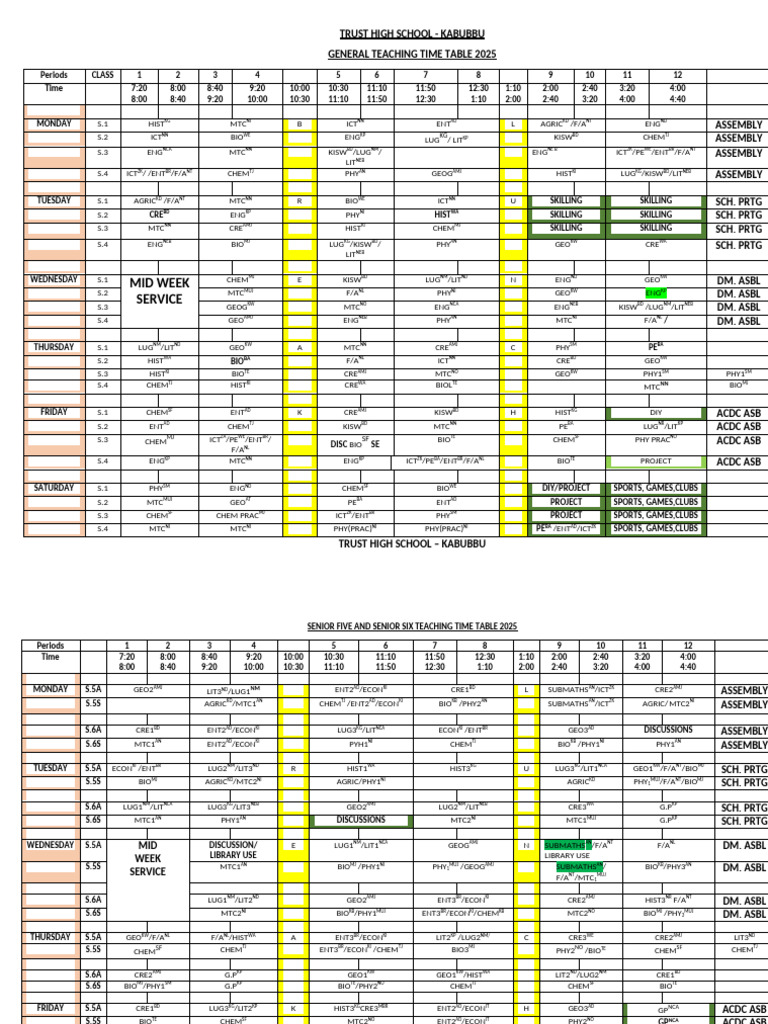 Senior 1 To Senior 6 Teaching Time Table 2025 Term 3-1-20-2 - Copy-1-1 | PDF