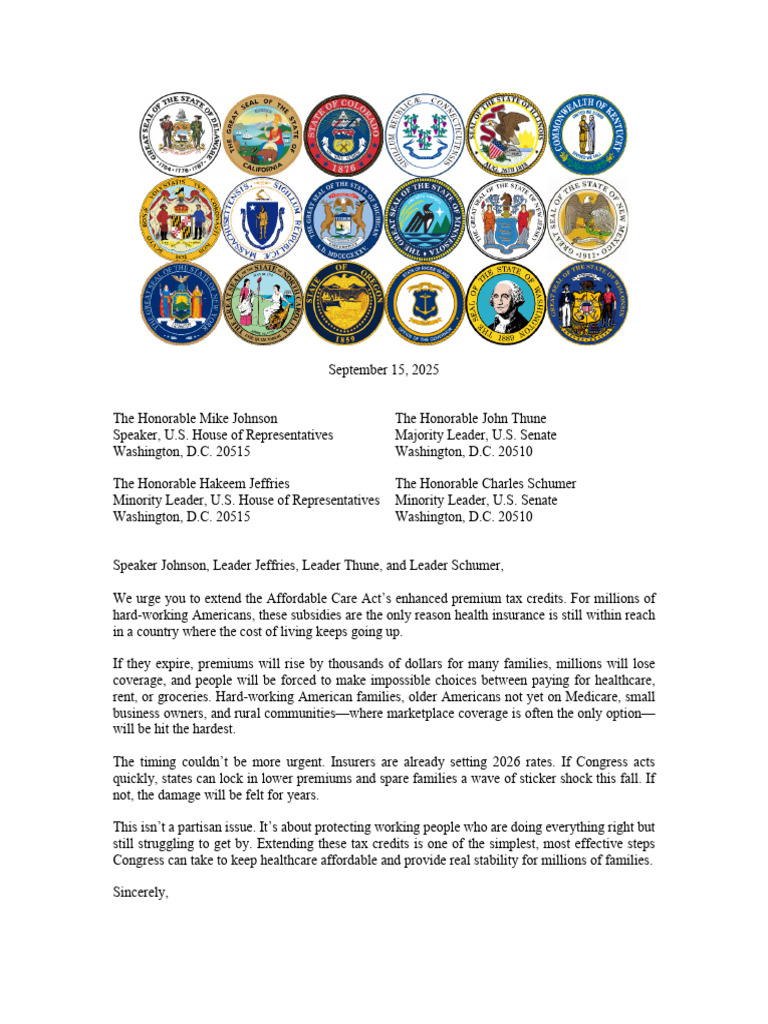 FINAL ACA Tax Credit Sign-On Letter - 091525 | PDF | Cost Of Living ...