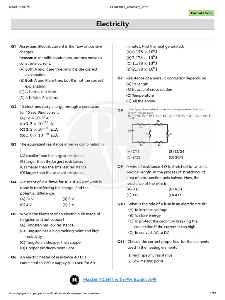 Foundation Electricity DPP | PDF | Series And Parallel Circuits ...