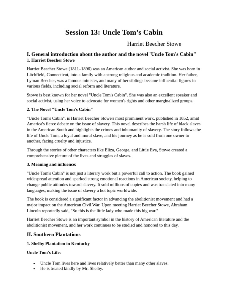 Session13 UncleTom'sCabin | PDF | Uncle Tom's Cabin | Harriet Beecher Stowe