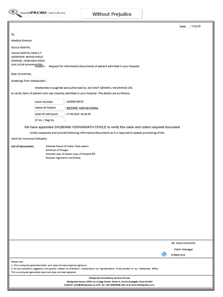 Claim Verification Request for Yelale Hospital | PDF | Authentication