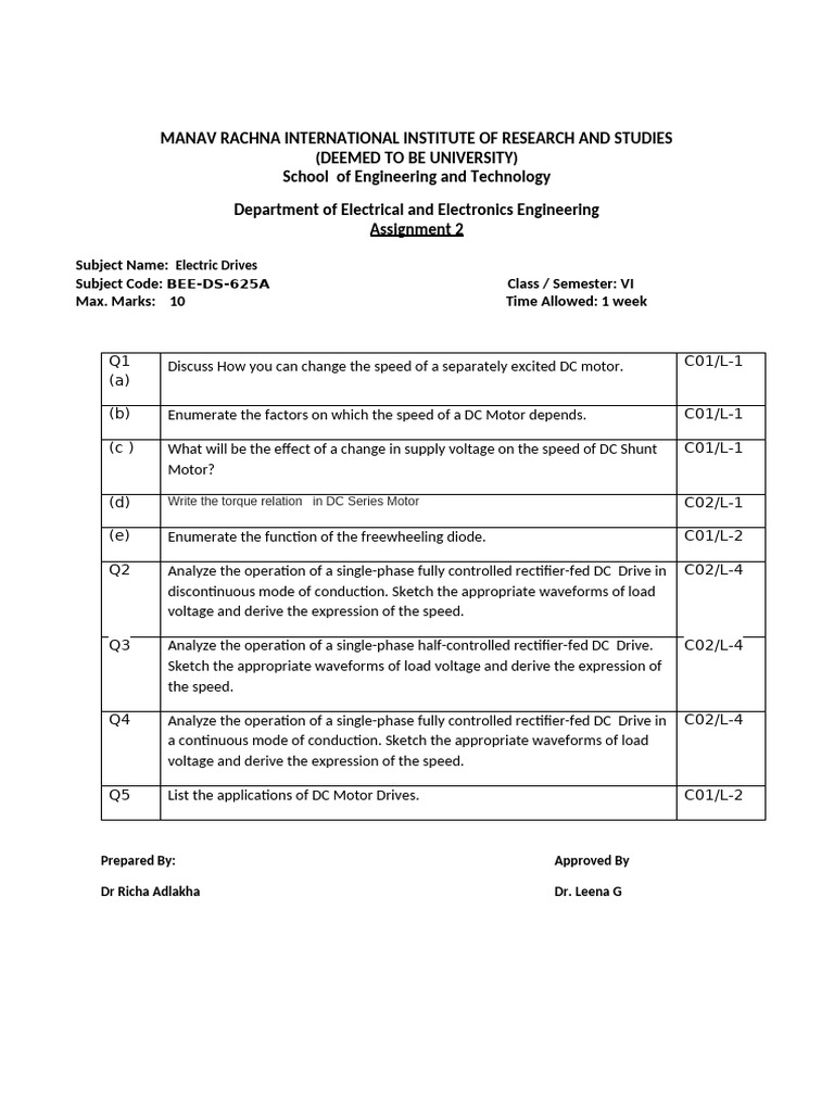Electric Drives Assignment for EEE Students | PDF