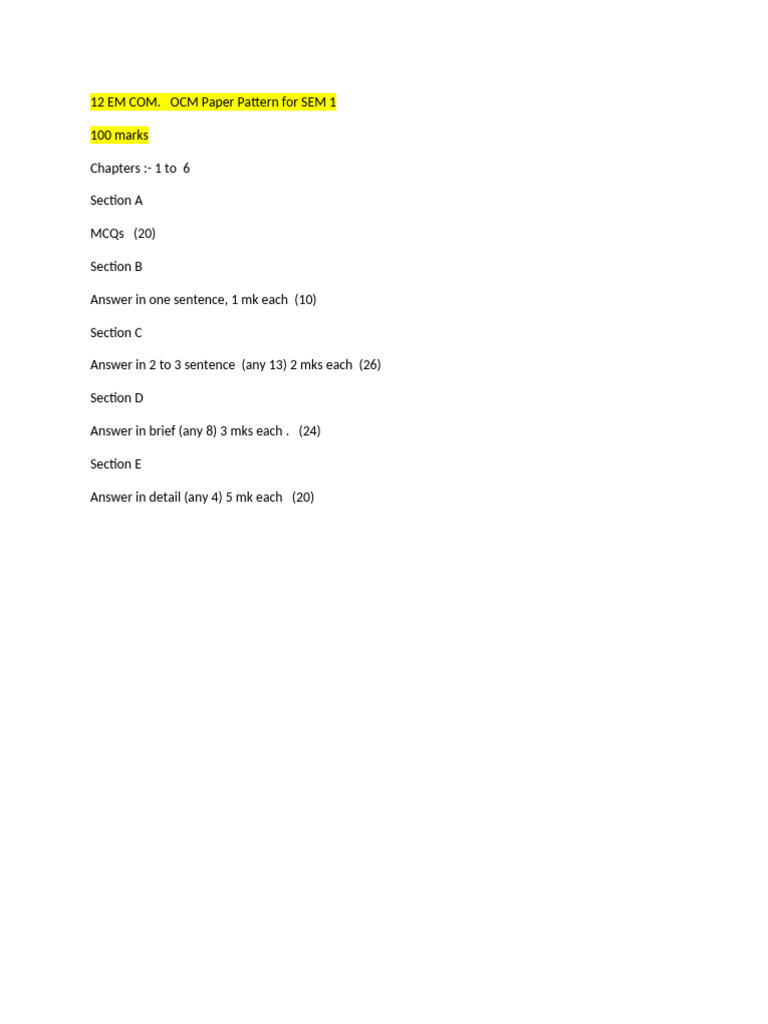 12 EM COM. OCM Paper Pattern Sem 1 | PDF