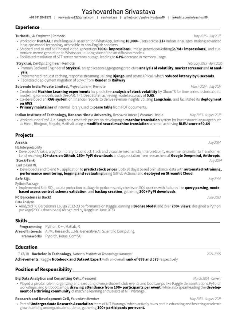 Yashovardhan Srivastava: AI Engineer Resume | PDF | Artificial ...