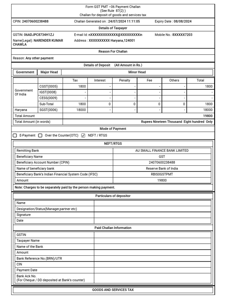 GST PMT-06 Payment Challan Details | PDF | Cheque | Banks
