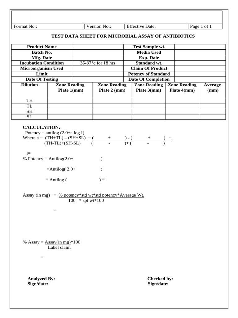 Microbial Assay Data Sheet for Antibiotics | PDF