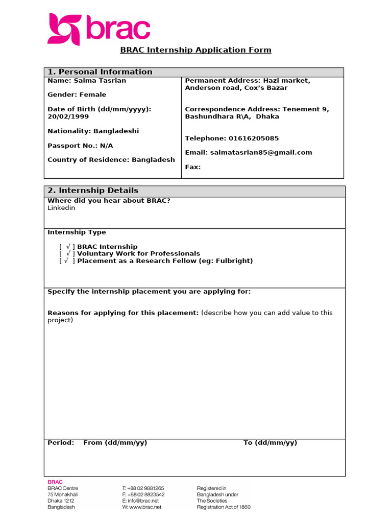 Internship Application Form | PDF