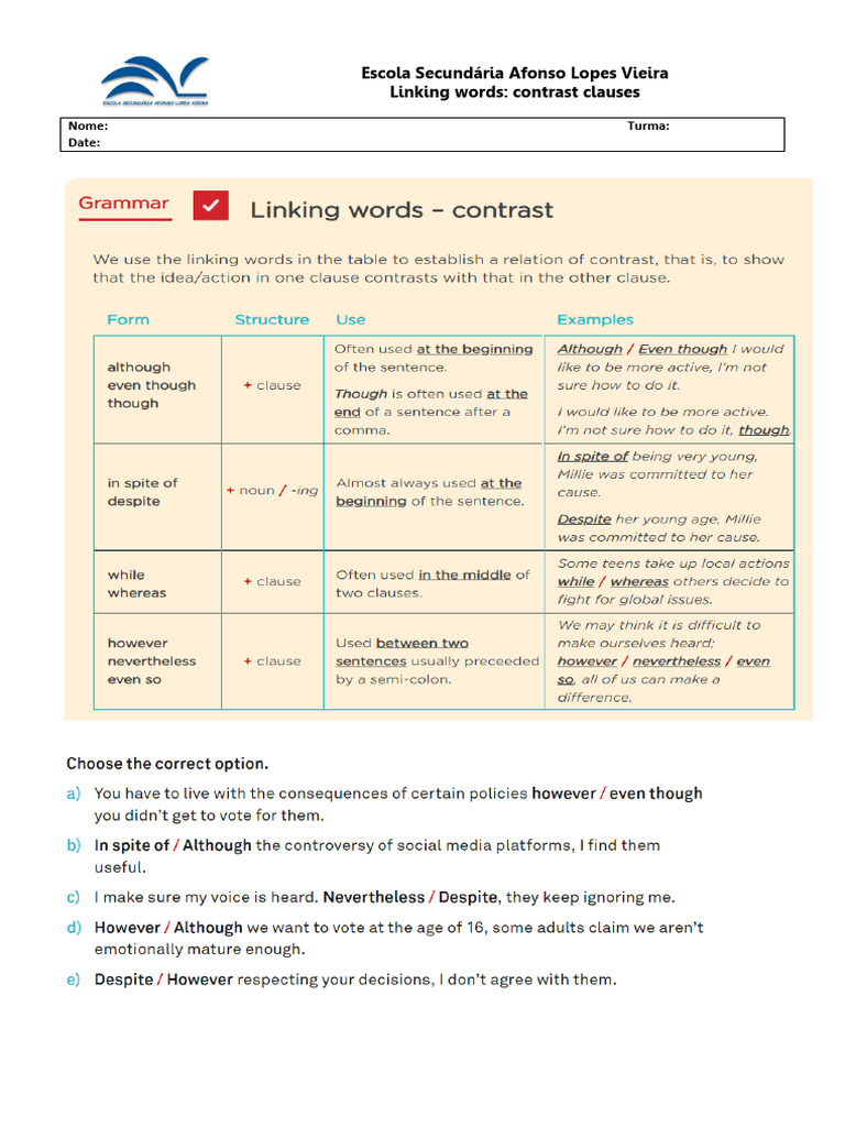 Linking Words for Contrast Clauses | PDF