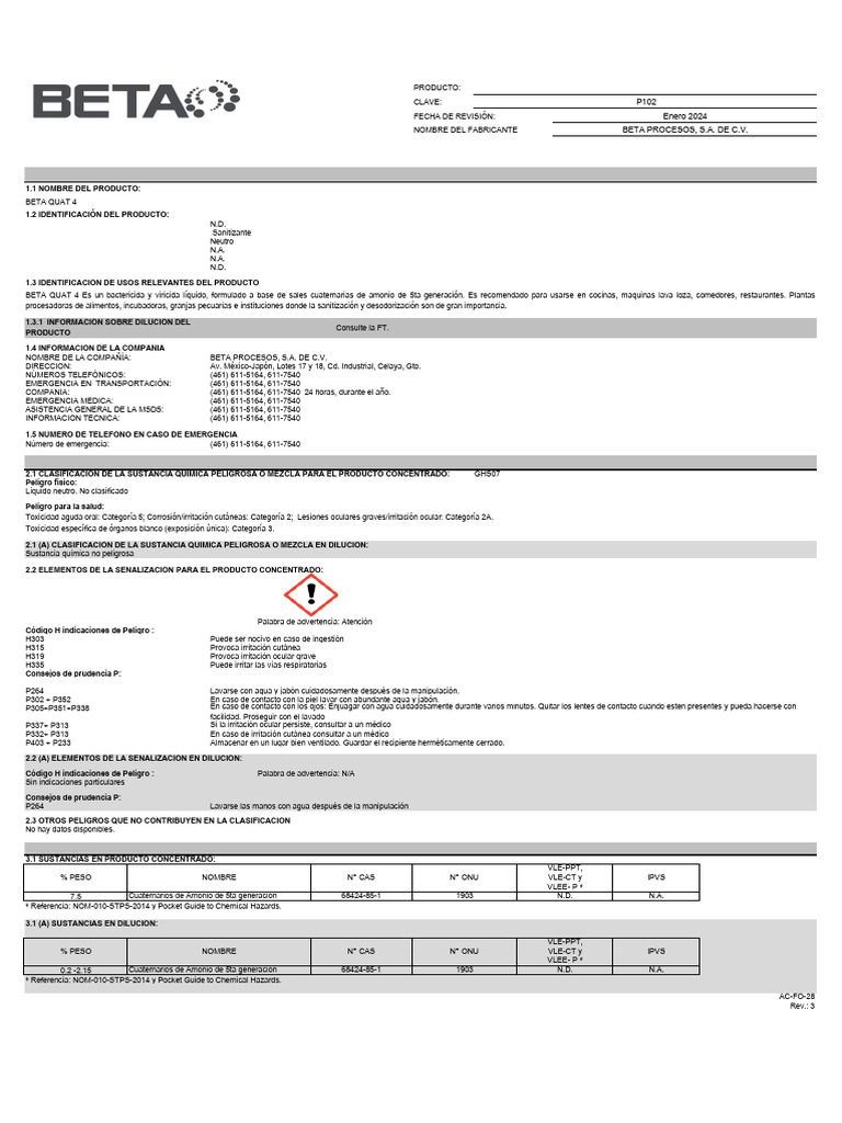 Hoja de Seguridad BETA QUAT 4 | PDF | Agua | Amoníaco