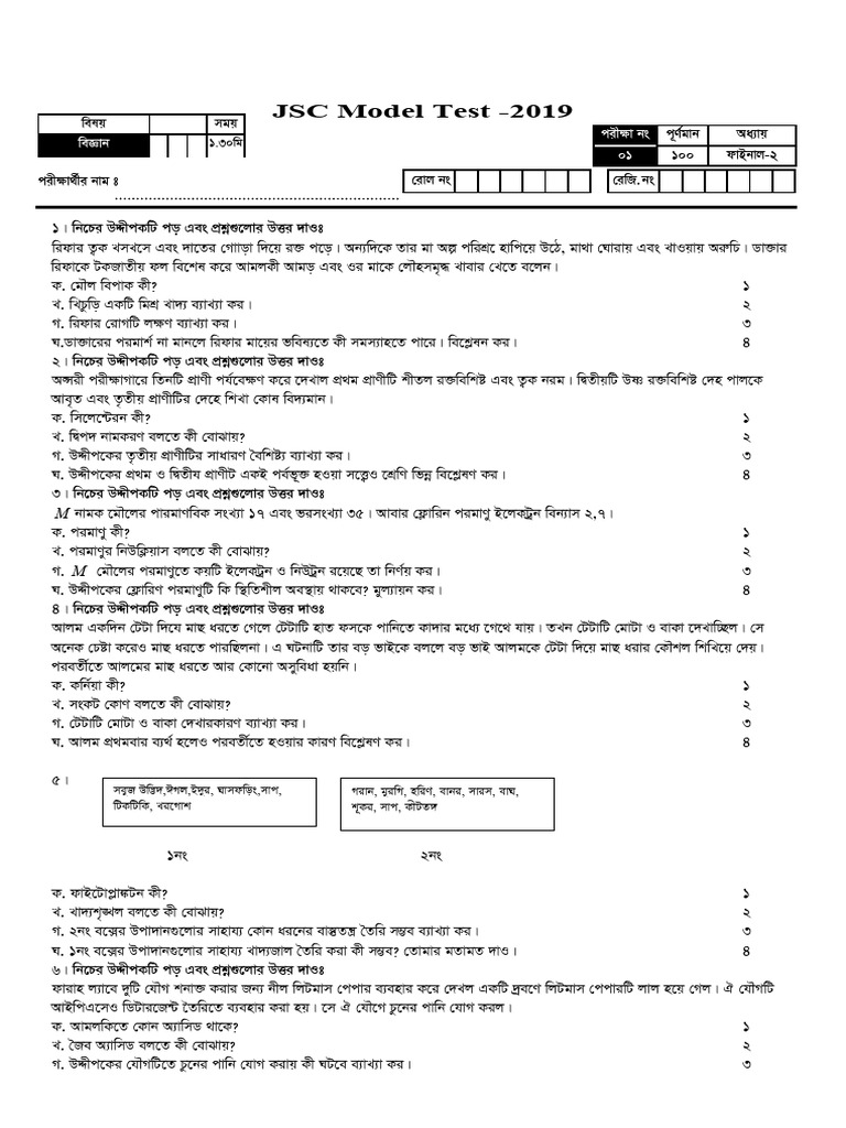 JSC Model Test 2019 Questions and Answers | PDF