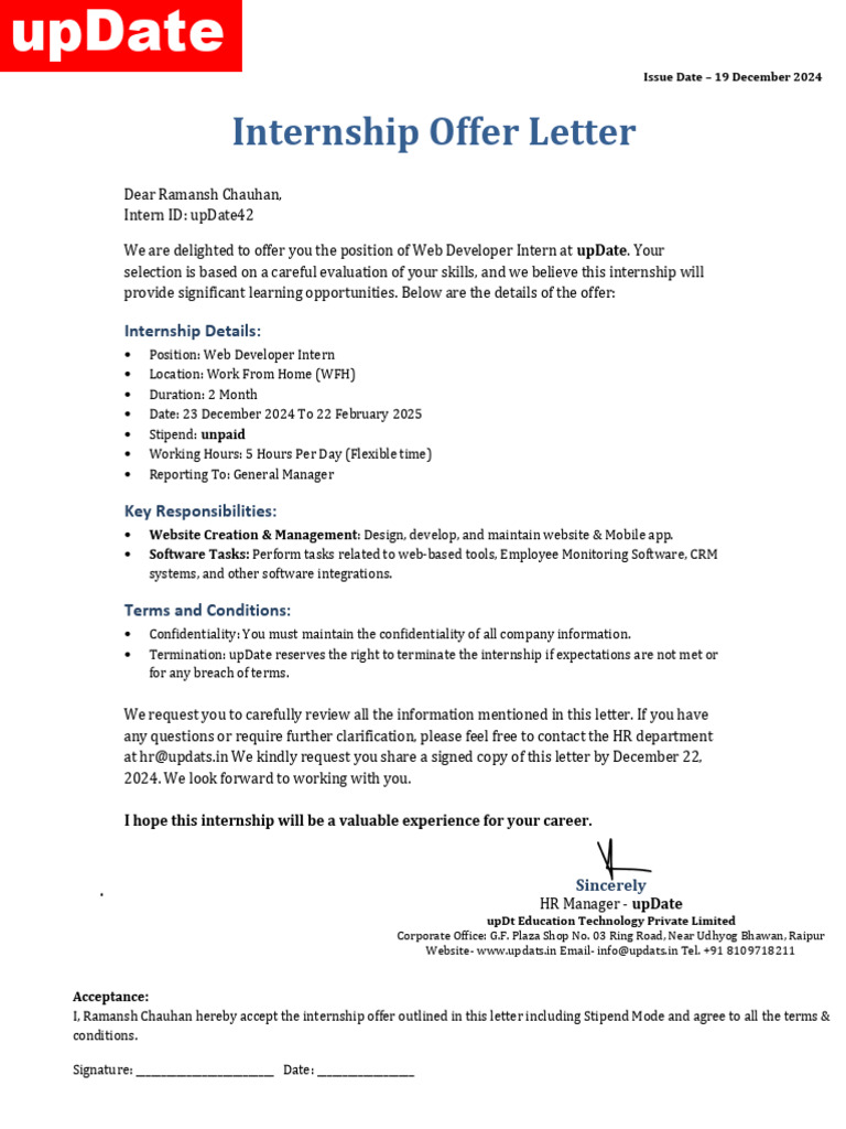Offer Latter Form UpDate | PDF | Internship | Job Hunting
