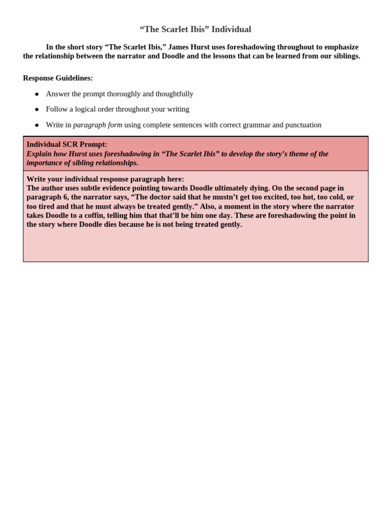 Eliana Rushing - SCR - The Scarlet Ibis - Foreshadowing | PDF