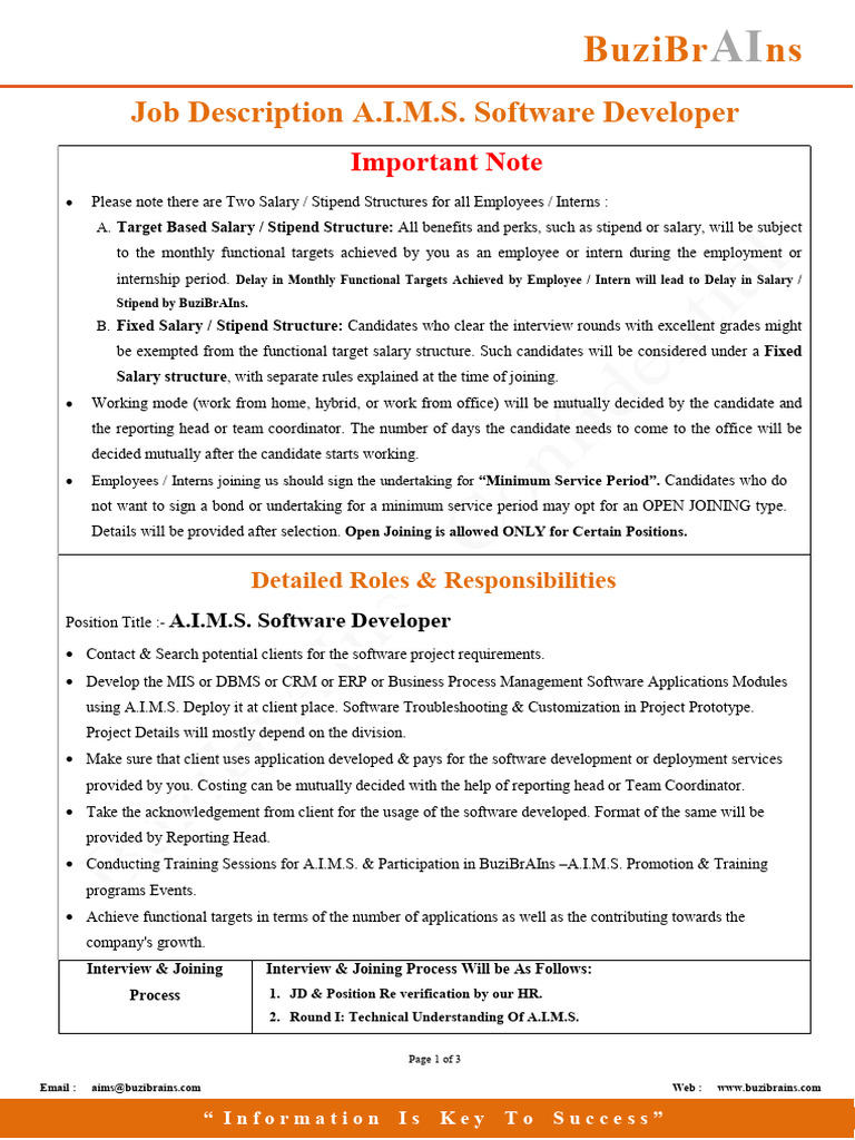 BuziBrAIns JD a.I.M.S. Software Developer | PDF | Salary | Internship