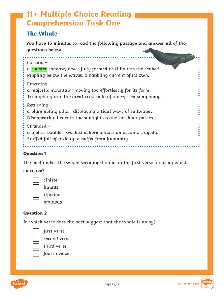11+ Reading Comprehension: The Whale | PDF