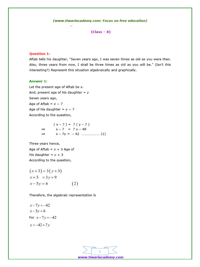 10 Maths NcertSolutions Chapter 3 1 | PDF | Equations | Variable (Mathematics)