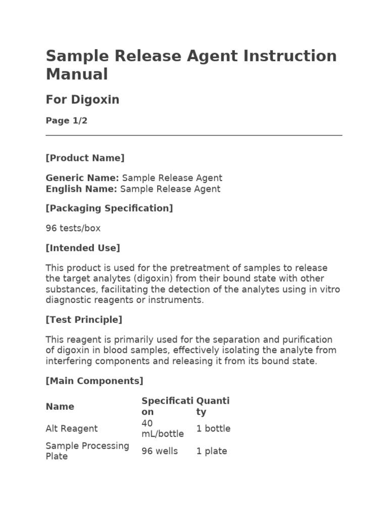 Digoxin Sample Release Agent Manual | PDF | Blood Plasma | Mass ...
