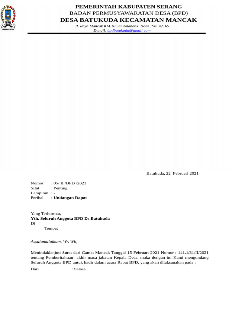 Undangan Rapat BPD Desa Batukuda | PDF