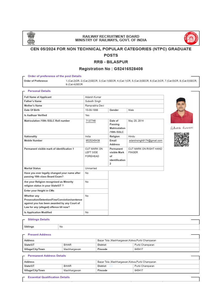 RRB Bilaspur NTPC Graduate Application | PDF | Justice | Crime & Violence