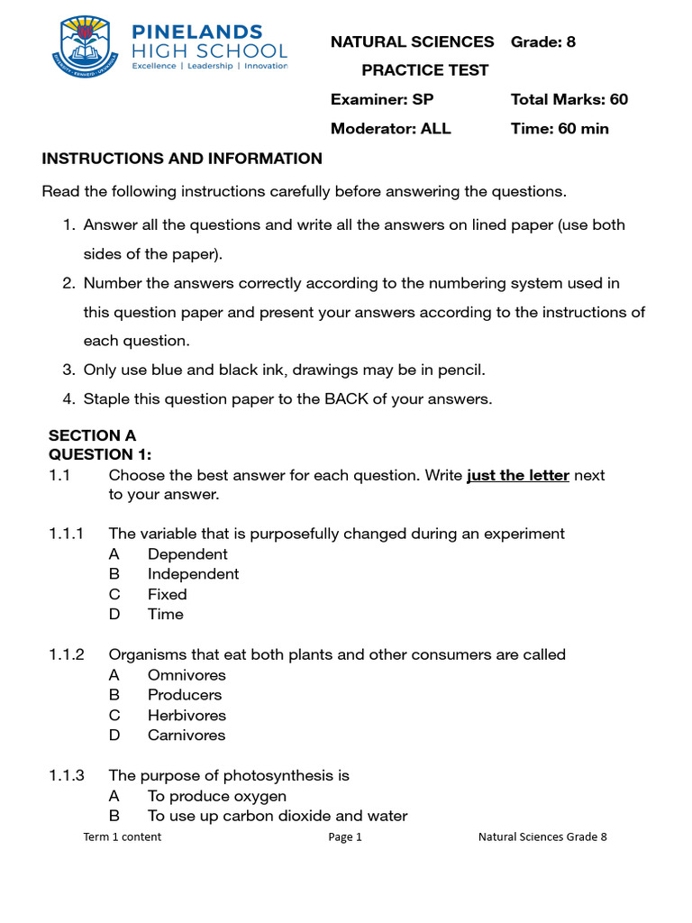 Grade 8 Natural Sciences Practice Test | PDF | Biology | Nature