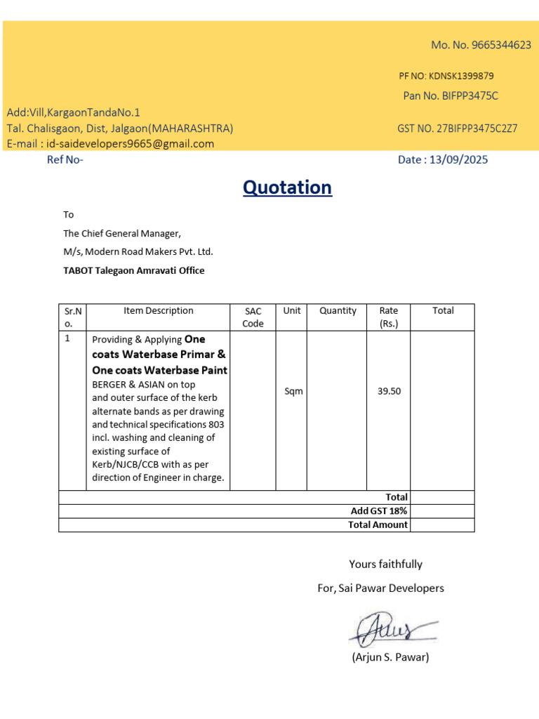 Sai Developers TABOT Cotation | PDF