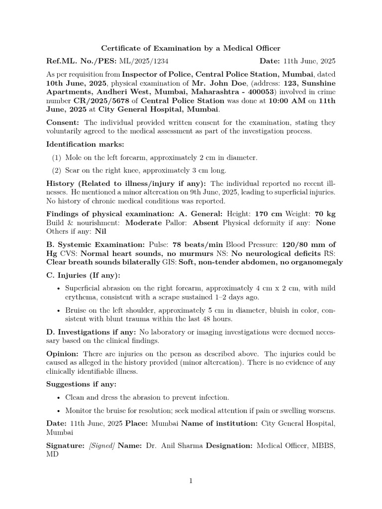 Medical Examination Certificate for Police | PDF