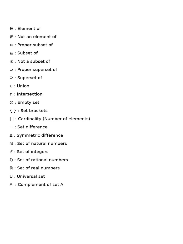 Class 11 Set Theory Symbols | PDF