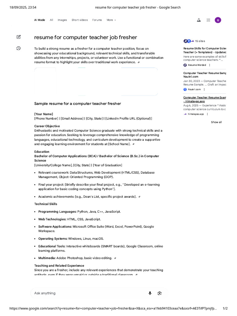 Resume For Computer Teacher Job Fresher - Google Search | PDF ...