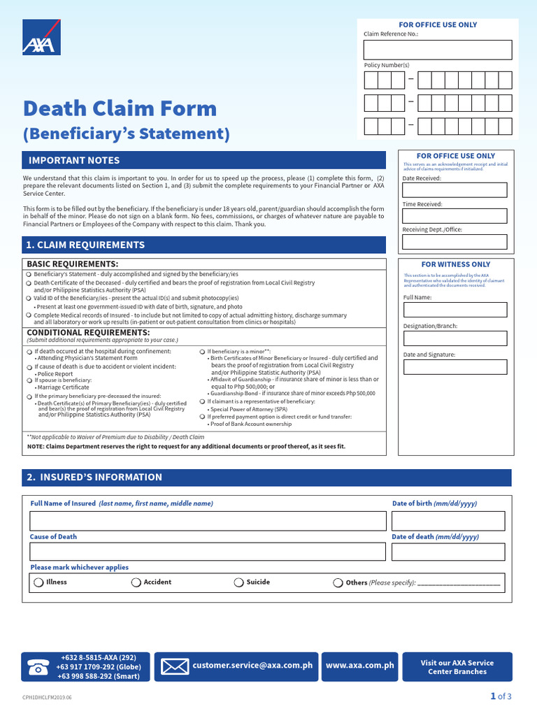 Death Claim Form (Benefeciary's Statement) | PDF | Insurance | Banks