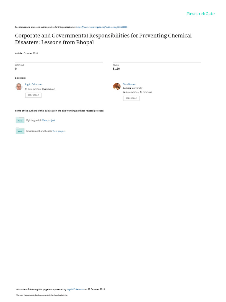 Corporate and Governmental Responsibilities For Preventing Chemical Disasters: Lessons From ...