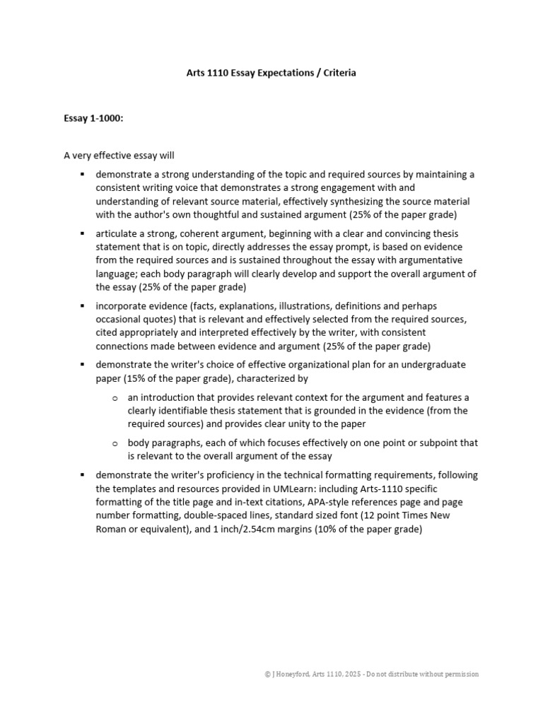 Arts 1110 Essay Expectations & Criteria 2025-26 | PDF | Essays | Argument
