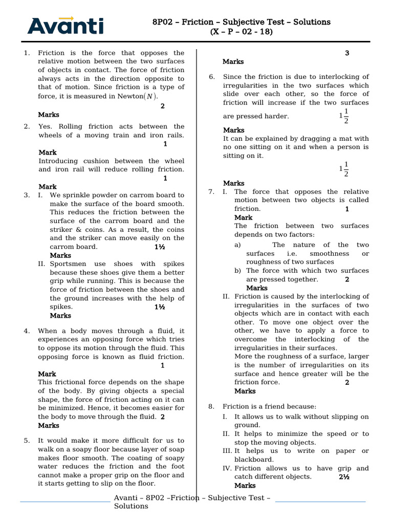 8P02 Friction Subjective Test - Sol - (v4) | PDF | Friction | Force