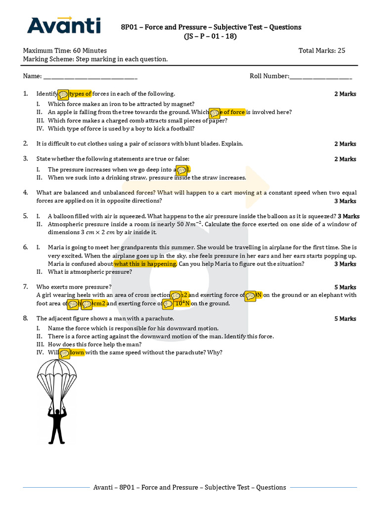 Force and Pressure Test Questions | PDF | Force | Pressure