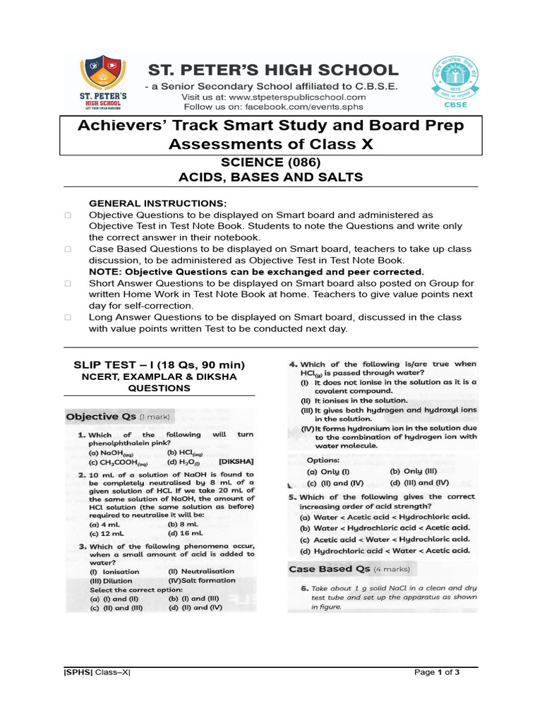Sci - Chemistry - l2. Acids, Bases and Salts - Slip Test - I | PDF