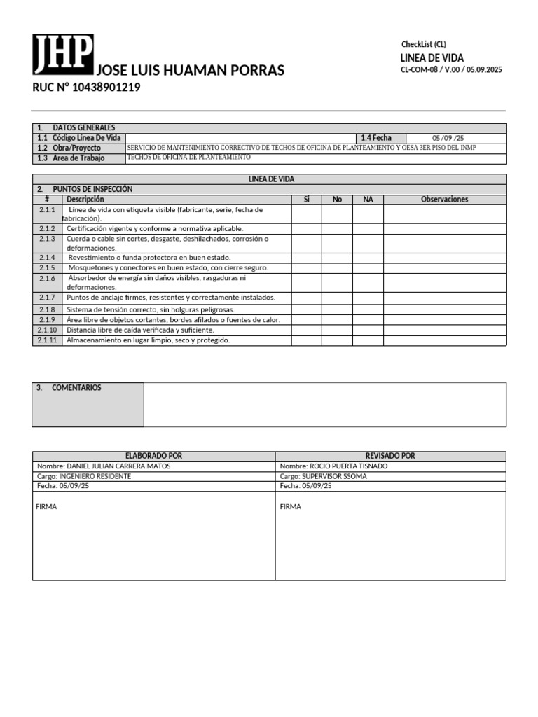 Check-List - Linea de Vida 1 | PDF