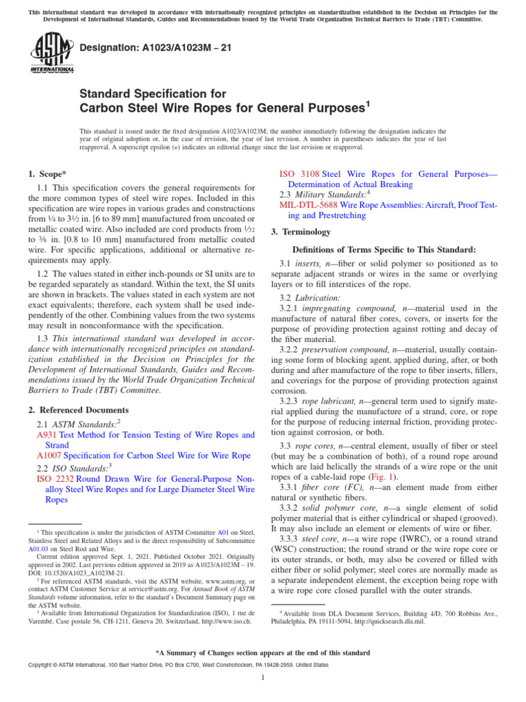 ASTM A1023 Standard for Wire Ropes | PDF | Wire | Rope