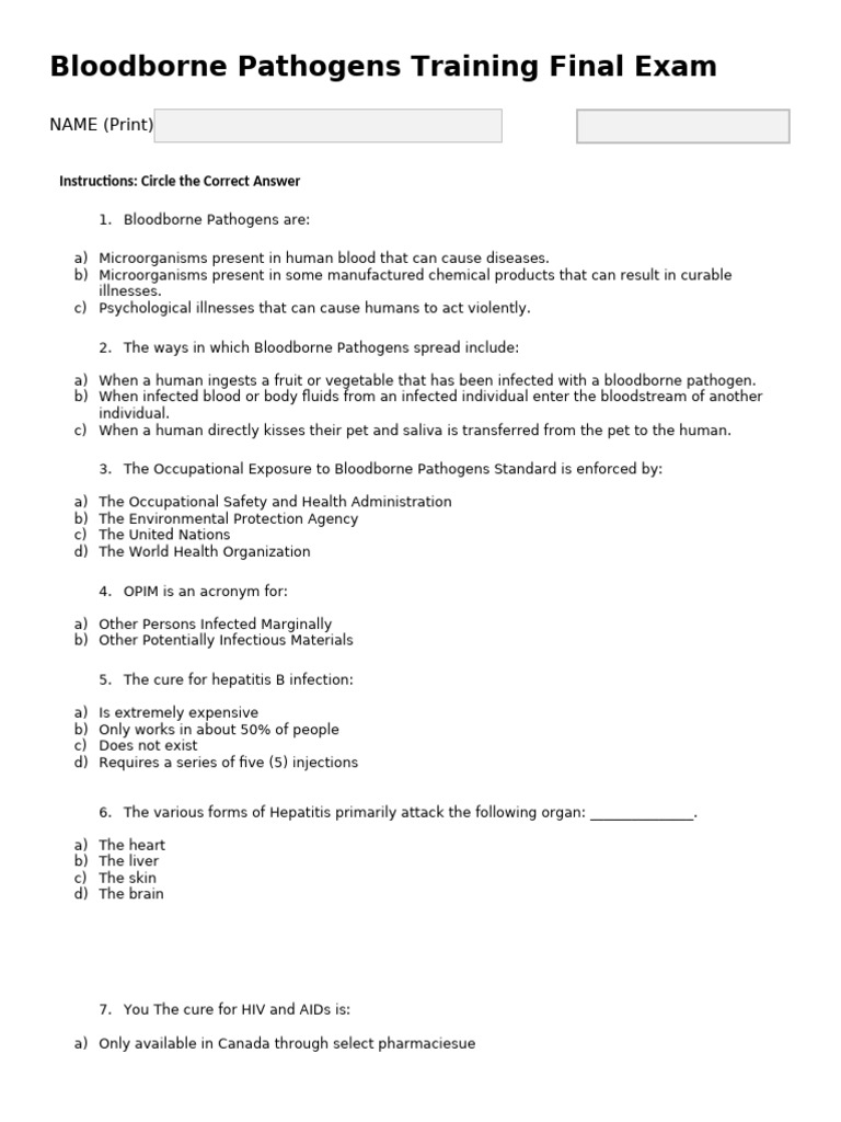 Bloodborne Pathogens Final Exam Guide | PDF | Infection | Medicine