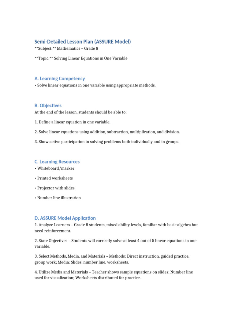Grade 8 Linear Equations Lesson Plan | PDF