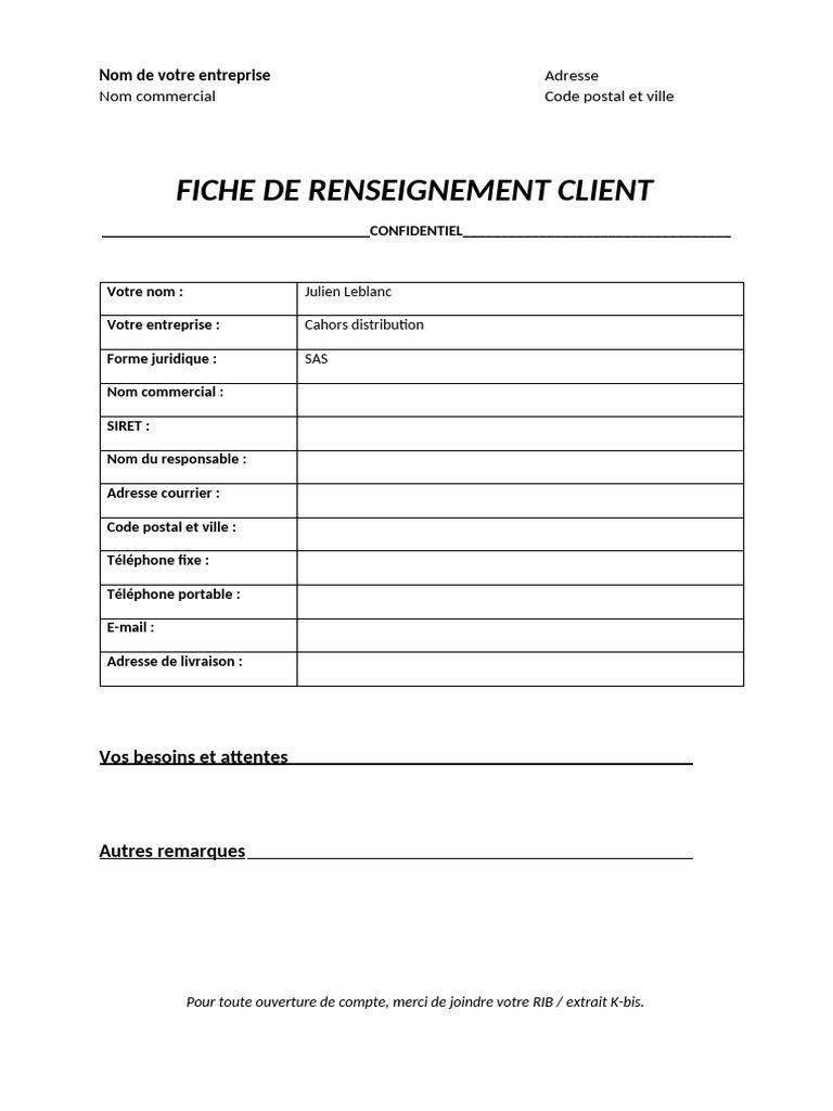 Fiche de renseignement client Word | PDF