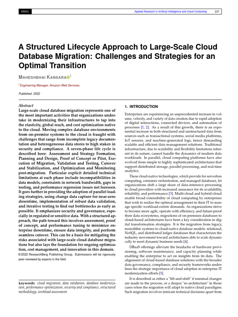 A Structured Lifecycle Approach To Large-Scale Cloud Database Migration: Challenges and ...