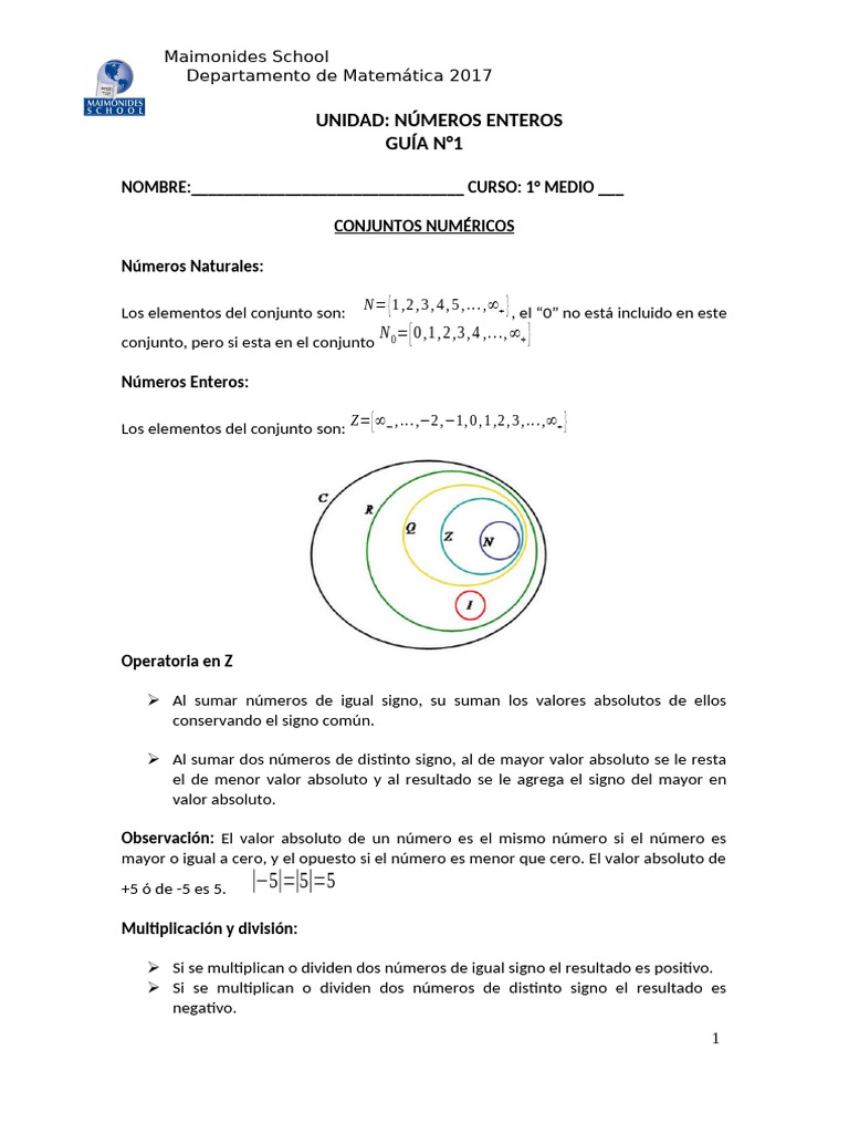Guia Introduccion A Numeros Enteros | PDF | División (Matemáticas) | Entero