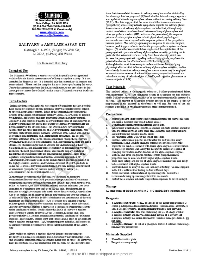 Amylase Kit Insert | PDF | Stress (Biology) | Saliva