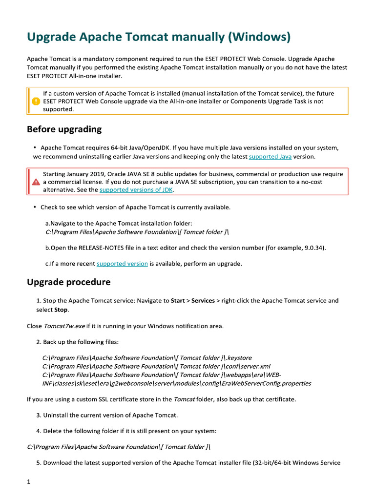 Upgrade Apache Tomcat Manually (Windows) - b | PDF