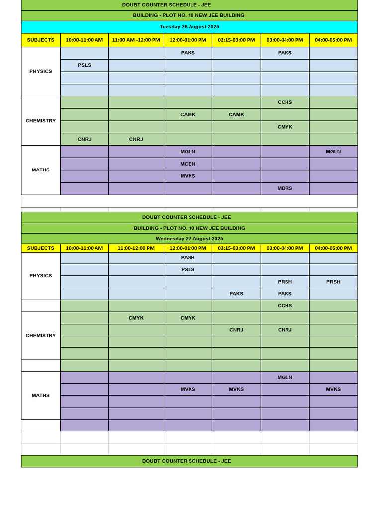 JEE Doubt Counter Schedule 2025 | PDF