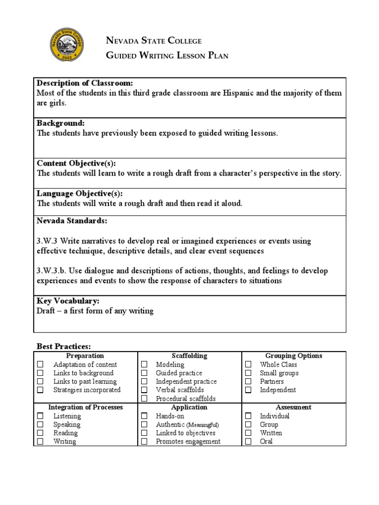 Guided Writing Lesson Plan | PDF | Reading (Process) | Classroom