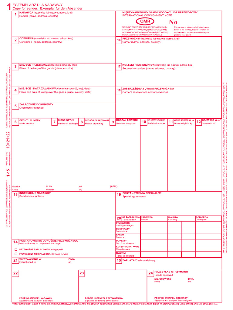 CMR Miedzynarodowy Samochodowy List Przewozowy | PDF