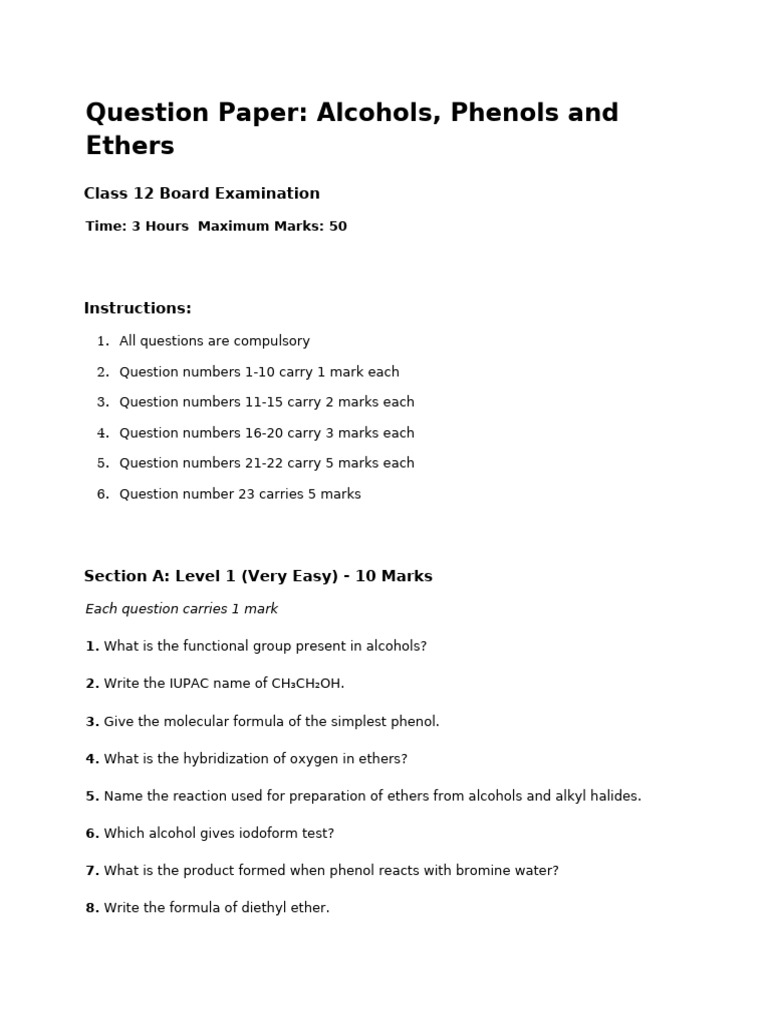 Alcohol Phenol Ether Question Paper | PDF | Ether | Ethanol