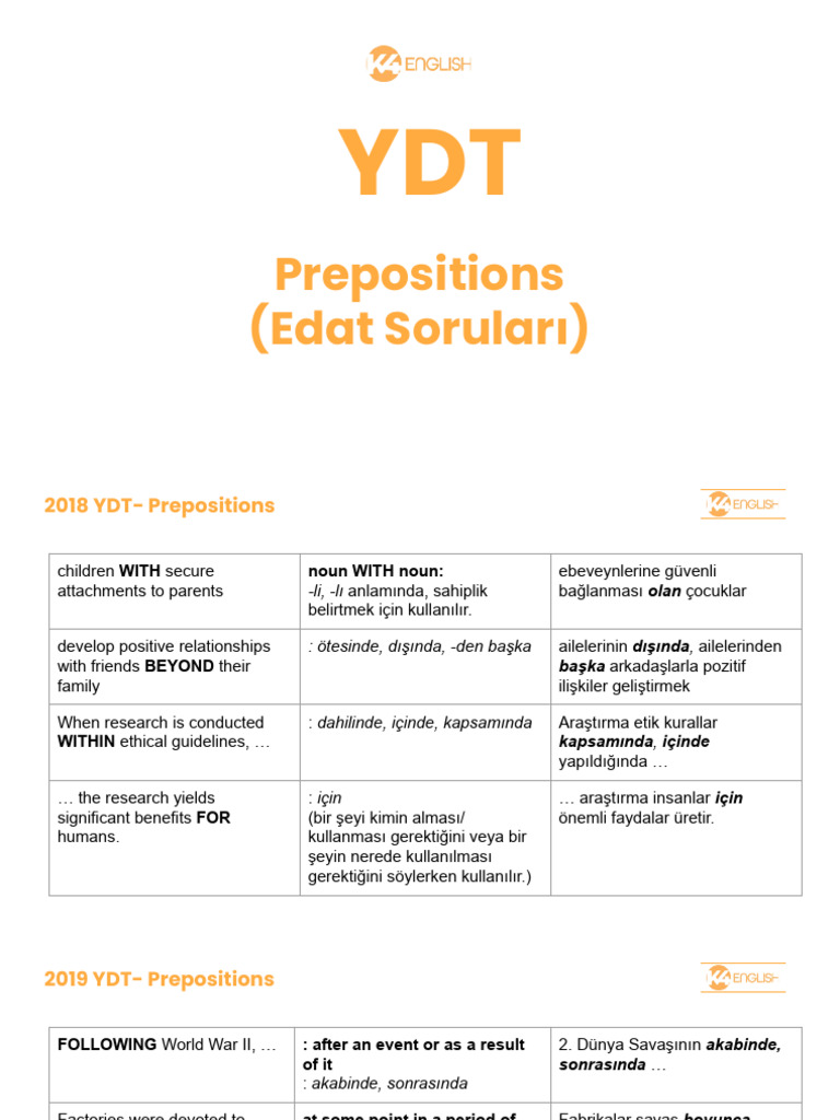 YDT Prepositions | PDF