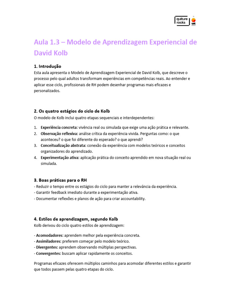 Aula 1.3 - Modelo de Aprendizagem Experiencial de David Kolb | PDF | Aprendizado | Ciência cognitiva
