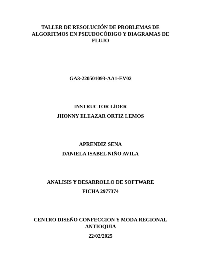 Taller de Resolución de Problemas de Algoritmos en Pseudocódigo y Diagramas de Flujo | PDF ...