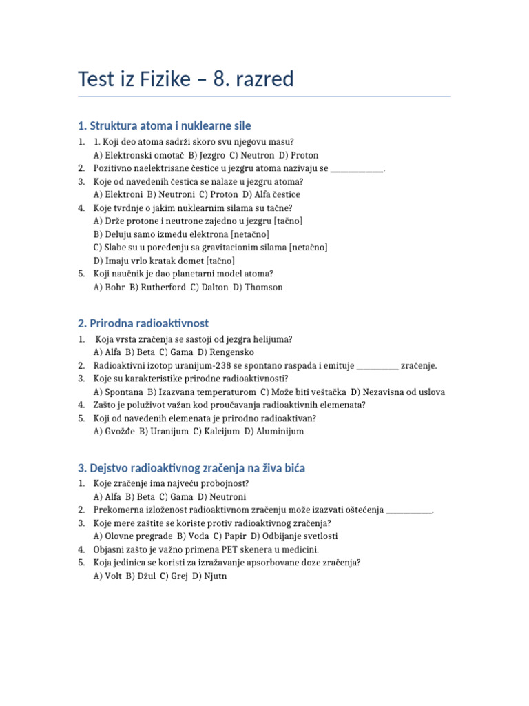 Test Fizika AtomskaEnergija | PDF